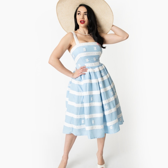 Unique Vintage | Dresses | Unique Vintage Blue And White Pleated Midi ...